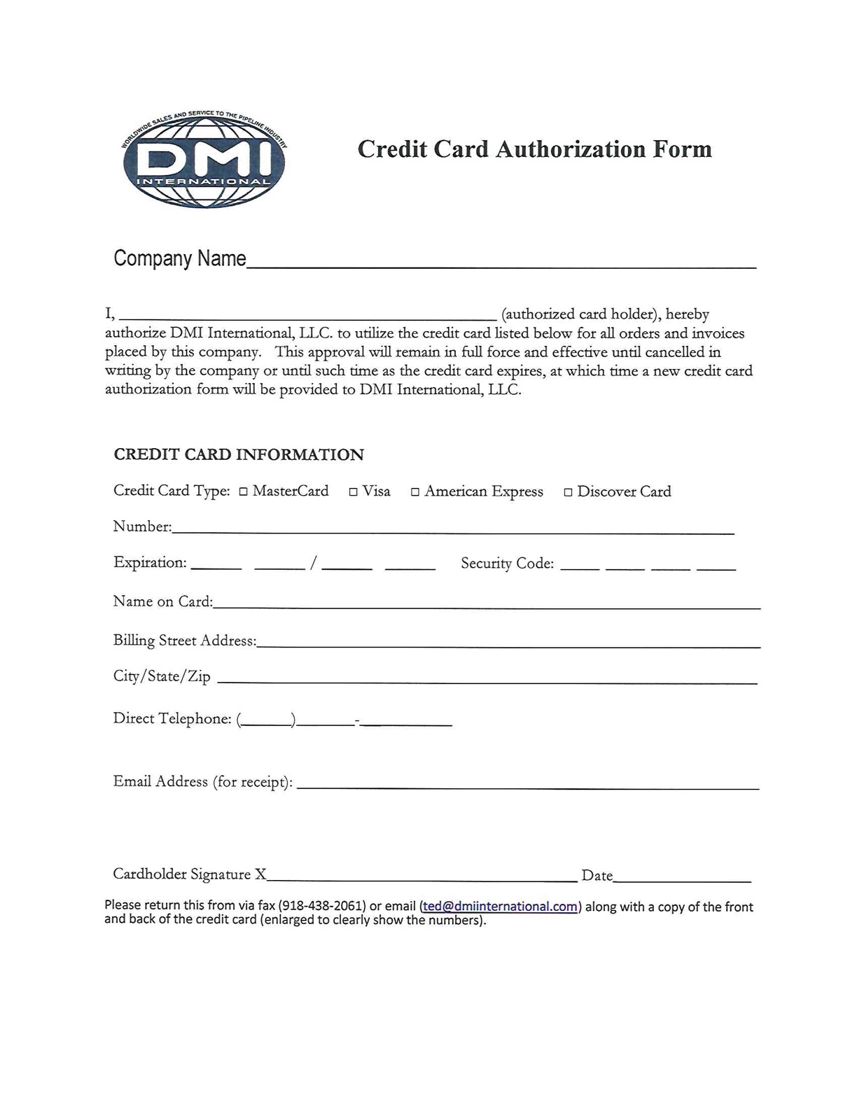 Credit Card Authorization Form - DMI International, LLC